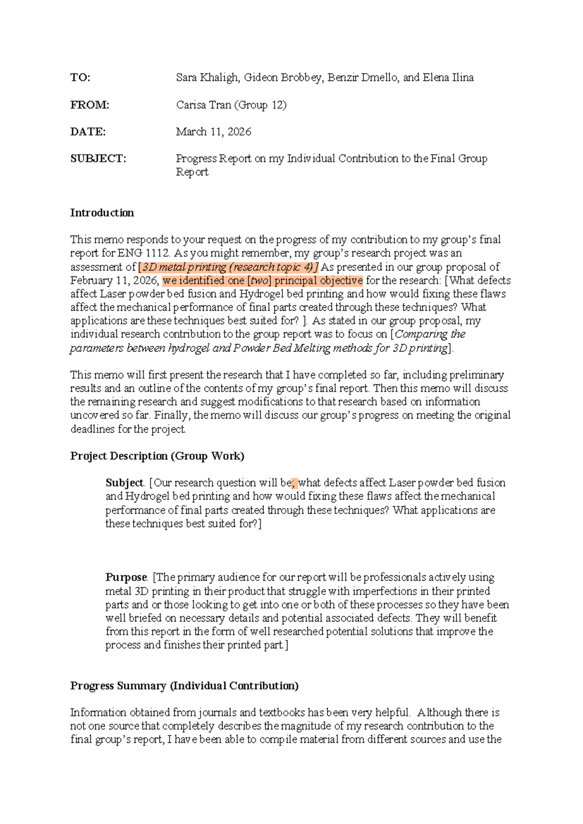 ENG 2026: Progress Report on Individual Contribution to Final Group ...