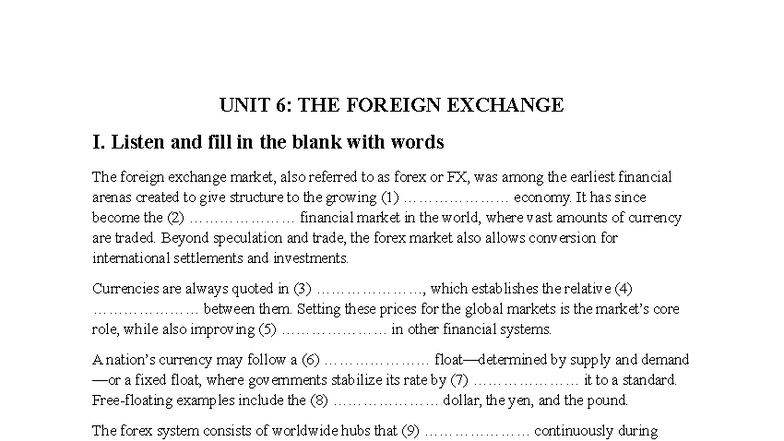 Đáp án Unit 6: Foreign Exchange Market Questions and Vocabulary - Studocu