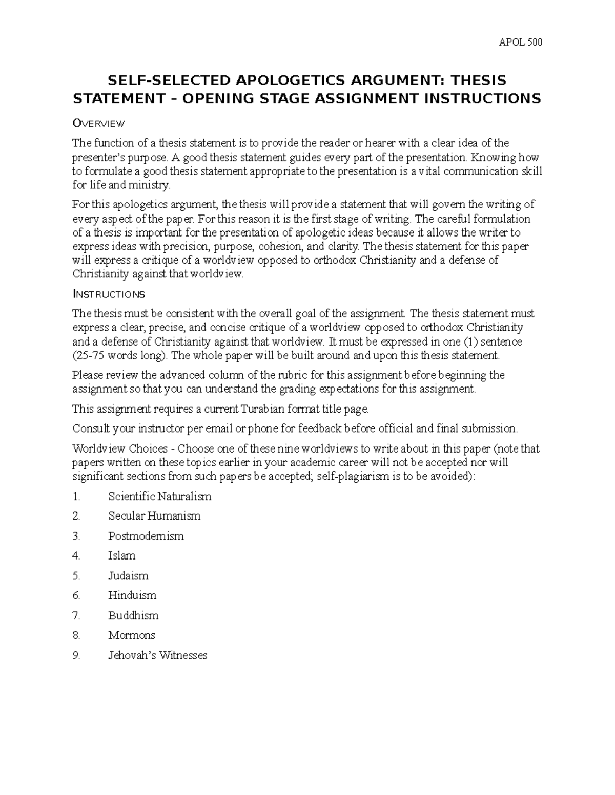 APOL 500: Self-Selected Apologetics Thesis Statement Guidelines - Studocu