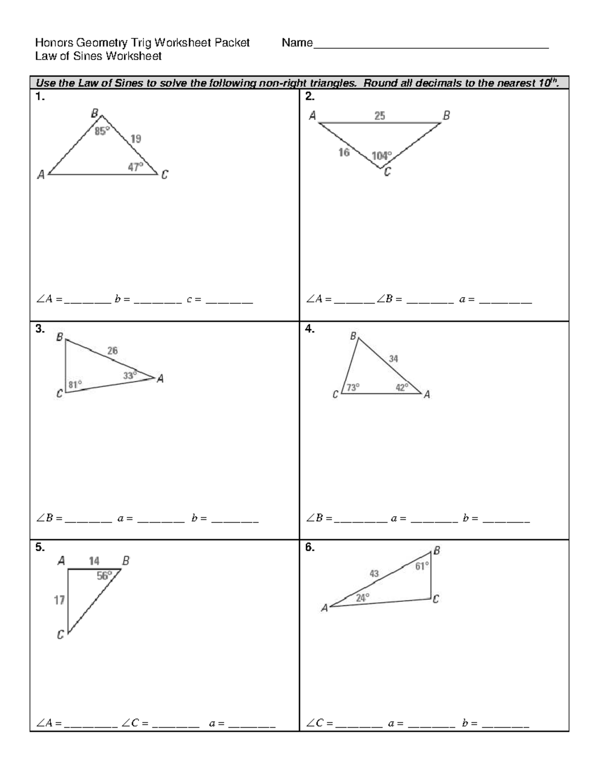 Honors Geometry (MATH 101) Law of Sines & Cosines Worksheet Packet ...