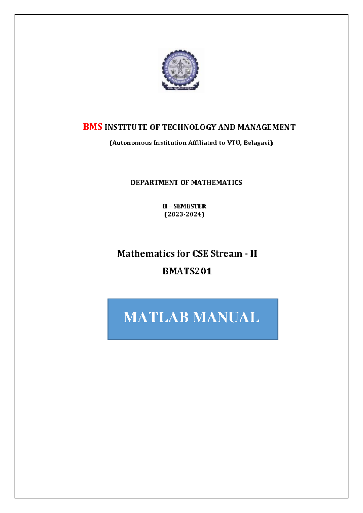 BMATS 201 MATLAB Lab Manual for II Semester Studies - Studocu