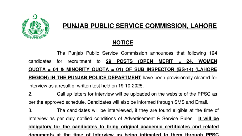 PPSC Notice: Interview Candidates for Sub Inspector Posts (43H2025 ...