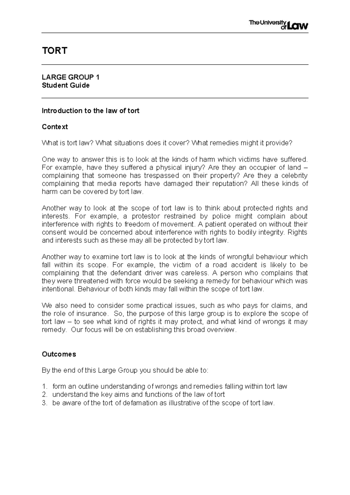 TORT LG01 CE01 Large Group Student Guide: Introduction to Tort Law ...