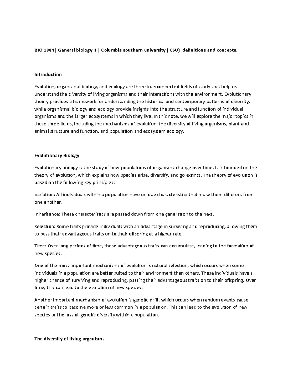 General biology II - Introduction Evolution, organismal biology, and ...
