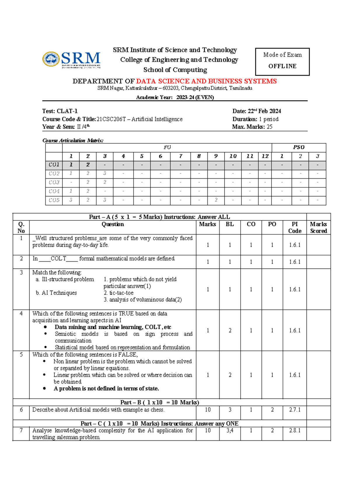 Ct1 Ad2 Qp Set A Ct Paper Srm Institute Of Science And Technology College Of Engineering And