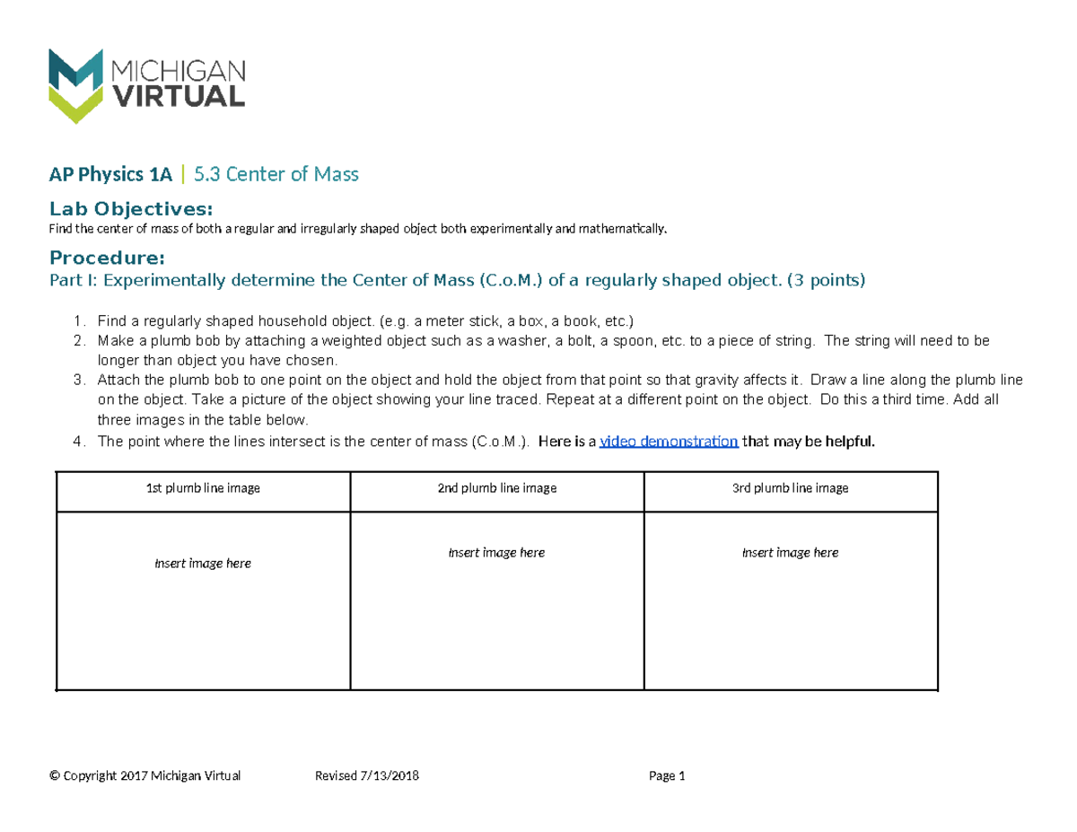 AP Physics 1A - 5.3 Center of Mass Lab: Experimental & Mathematical ...