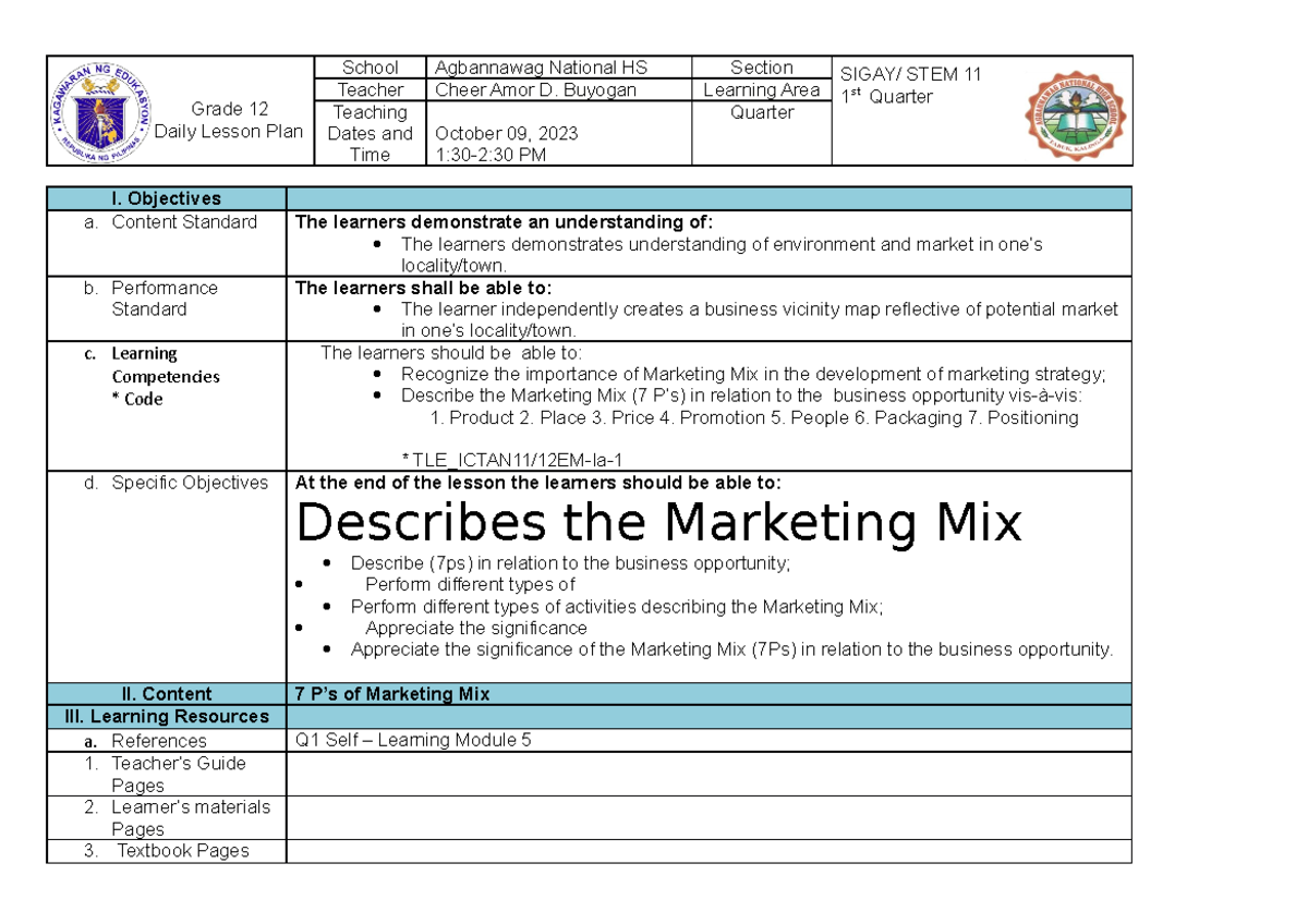 DLP TLE_ICTAN11/12EM-Ia Lesson Plan: Understanding Marketing Mix - Studocu
