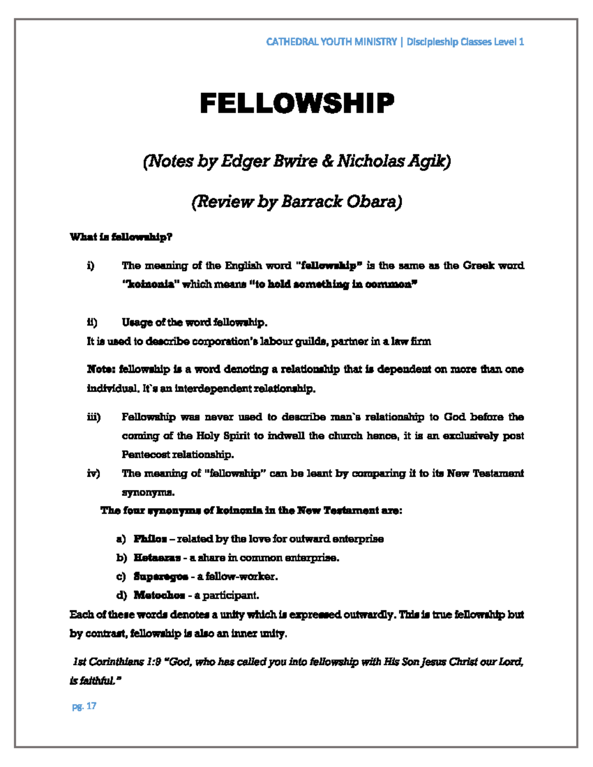 Fellowship in Discipleship Classes Level 1 - Notes (CATHEDRAL YOUTH ...