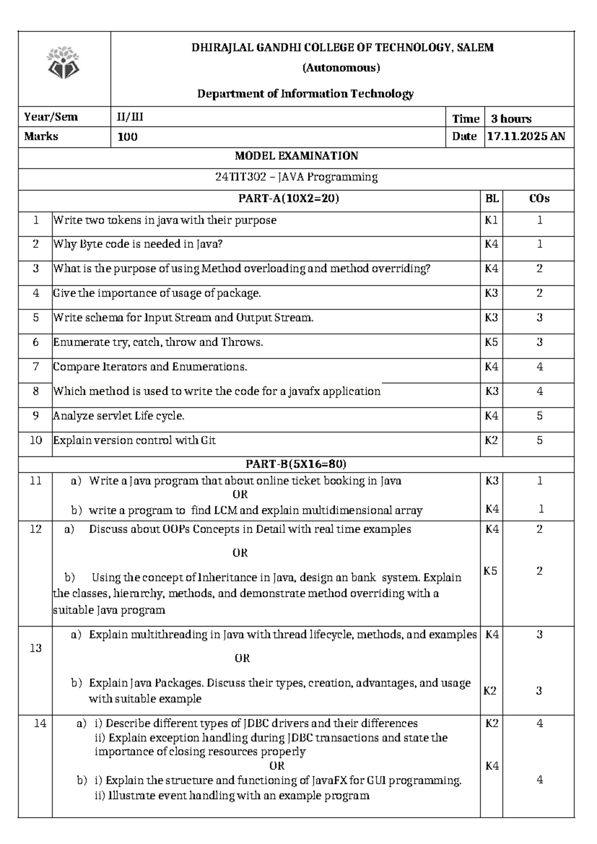 24TIT302 Model Exam: Java Programming Questions & Answers - Studocu
