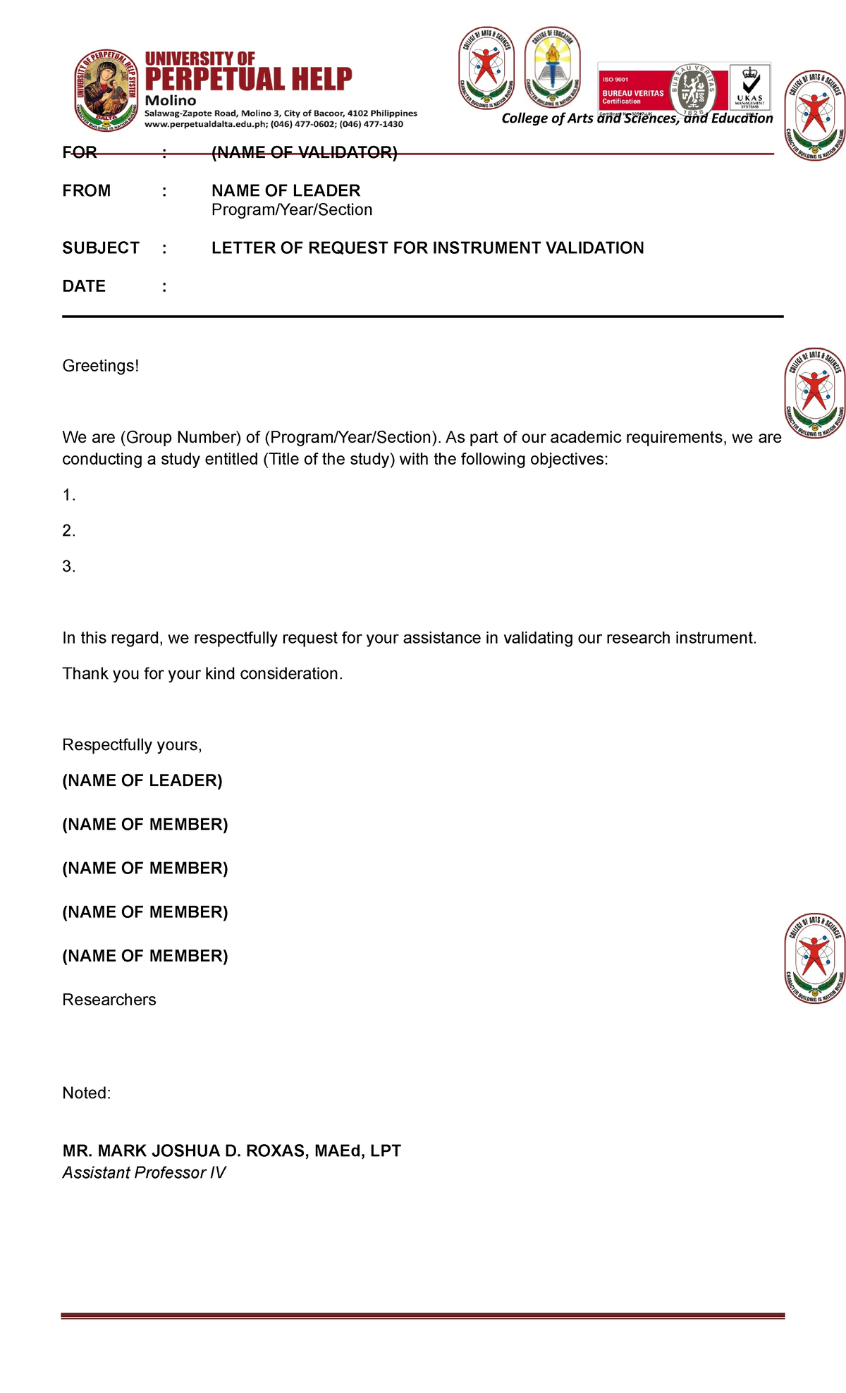 Request for Instrument Validation Letter - (Program/Year/Section) - Studocu