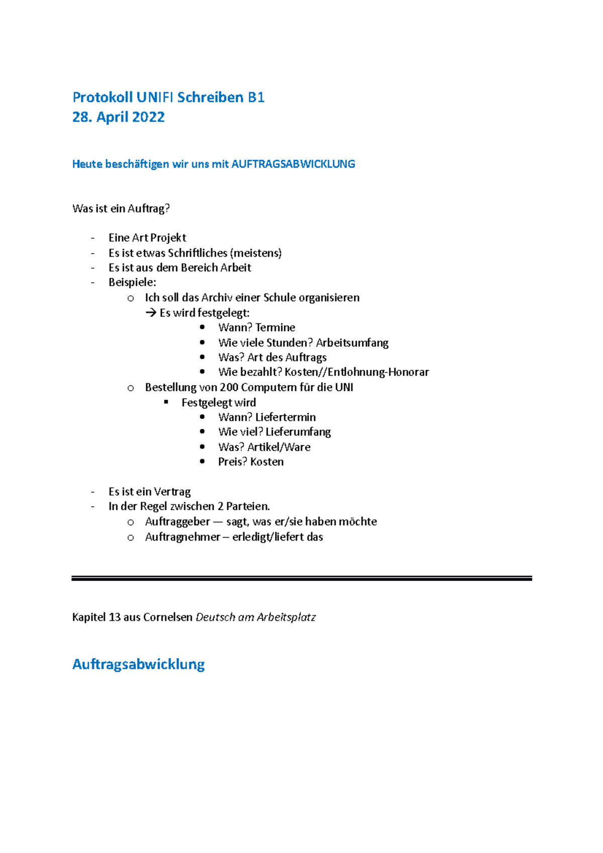 Protokoll UNIFI Schreiben B1: Auftragsabwicklung am 28. April 2022 ...
