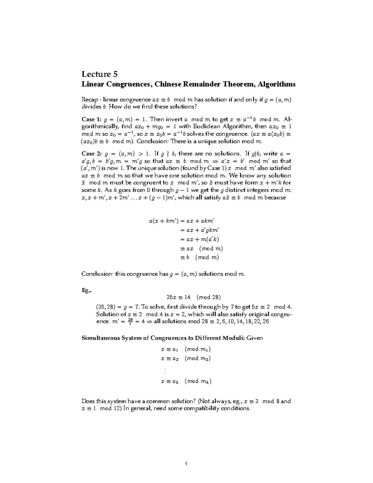 Theory Of Numbers Lecture 5 - Lecture5 Linear Congruences, Chinese ...