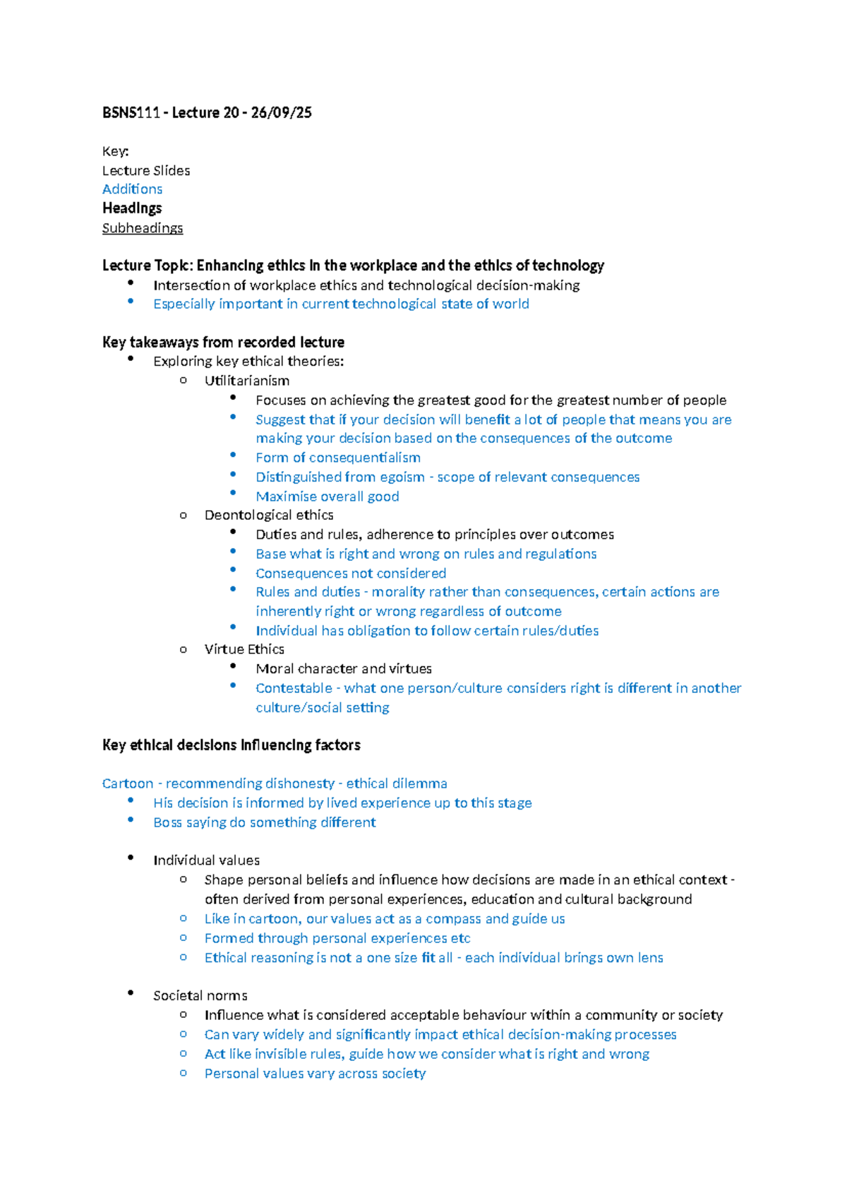 BSNS111 - Lecture 20: Enhancing Workplace Ethics & Tech Ethics - Studocu