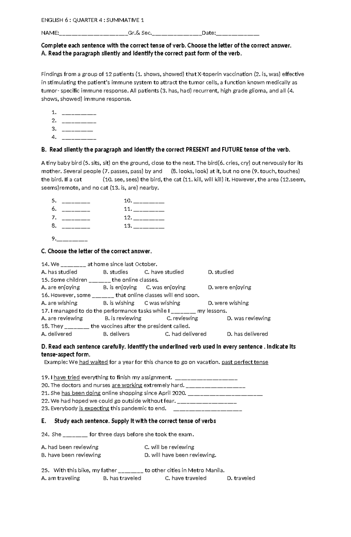 Qtr 4 Summative Test 1 - English 6 Verb Tense Assessment - Studocu