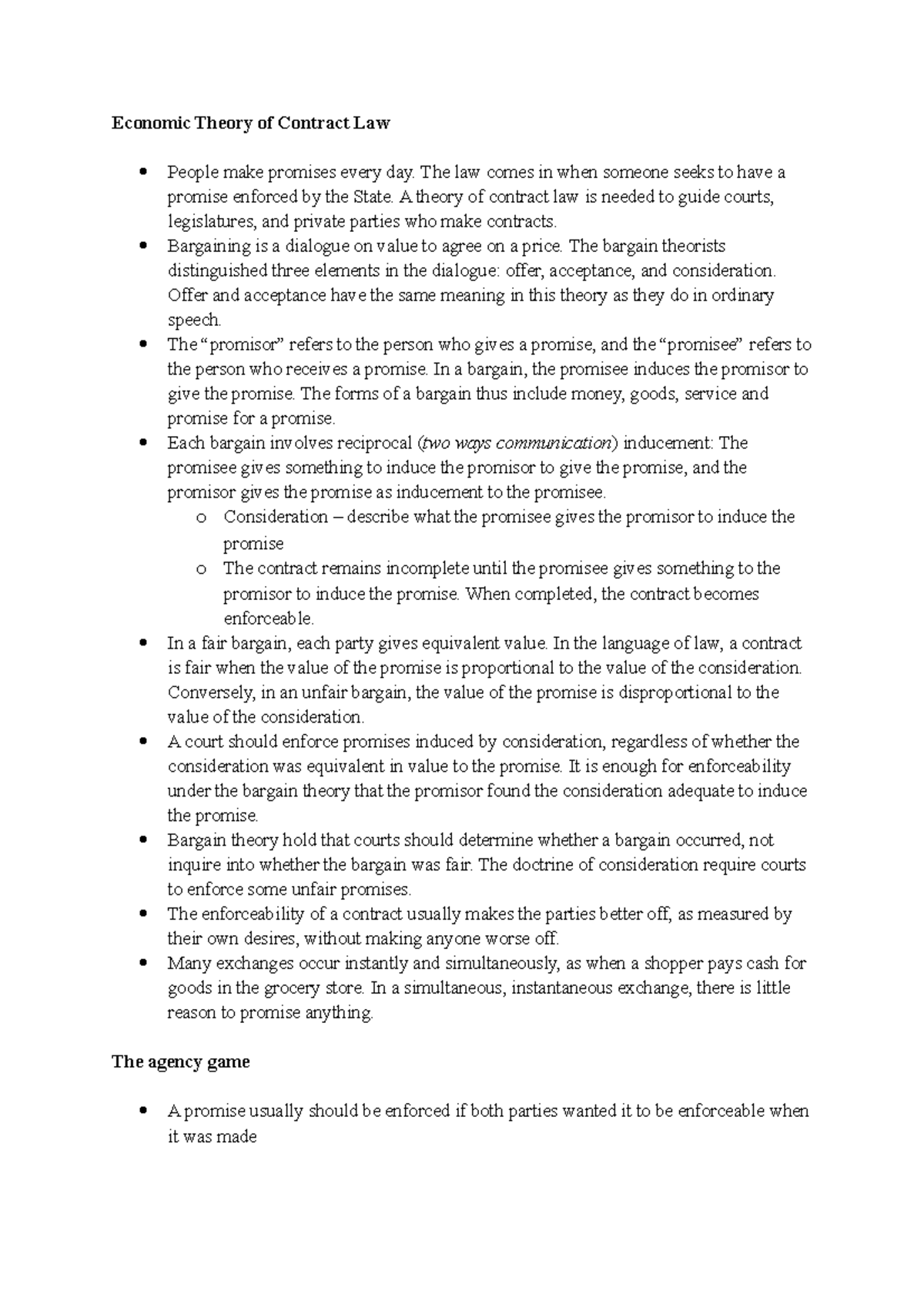 Economics of contracts and contract law - Economic Theory of Contract ...