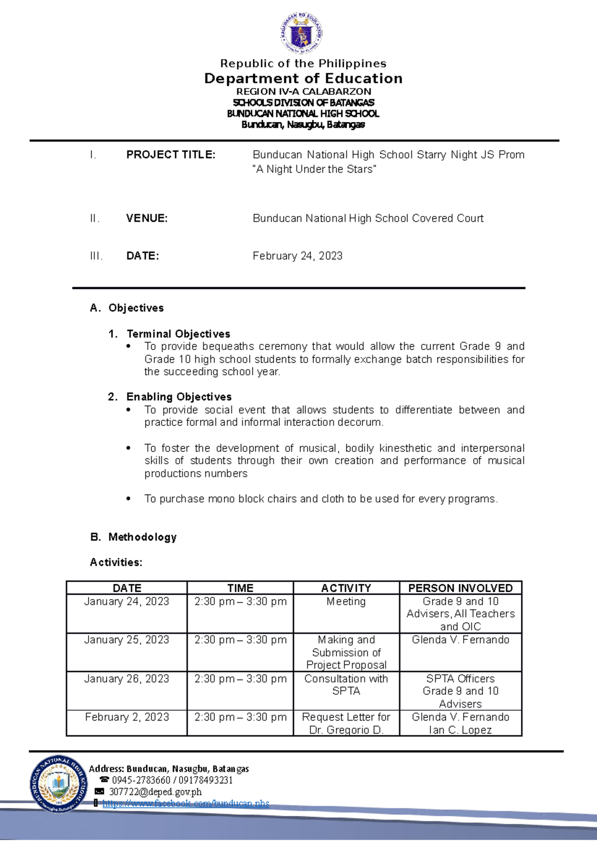 JS PROM 2023 Proposal - I. PROJECT TITLE: Bunducan National High School Starry Night JS Prom “A ...
