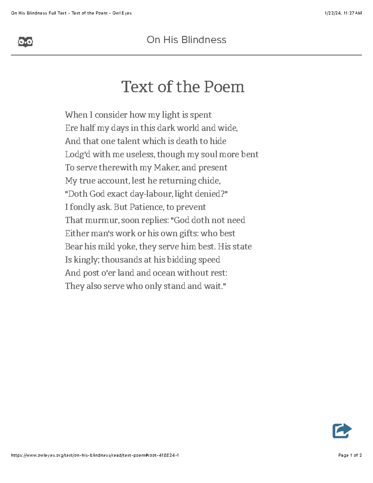 On His Blindness - John Milton Analysis & Full Text - ENG 101 - Studocu