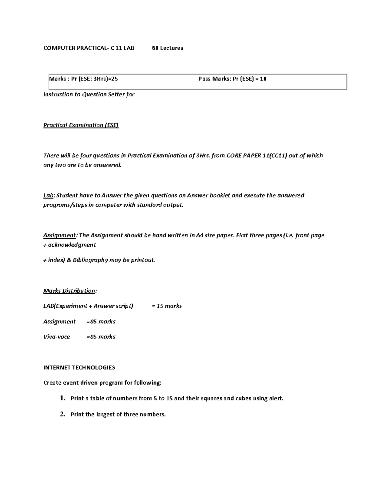 C11 C12 (LAB 5) - Practical Exam Instructions and Marks Distribution ...