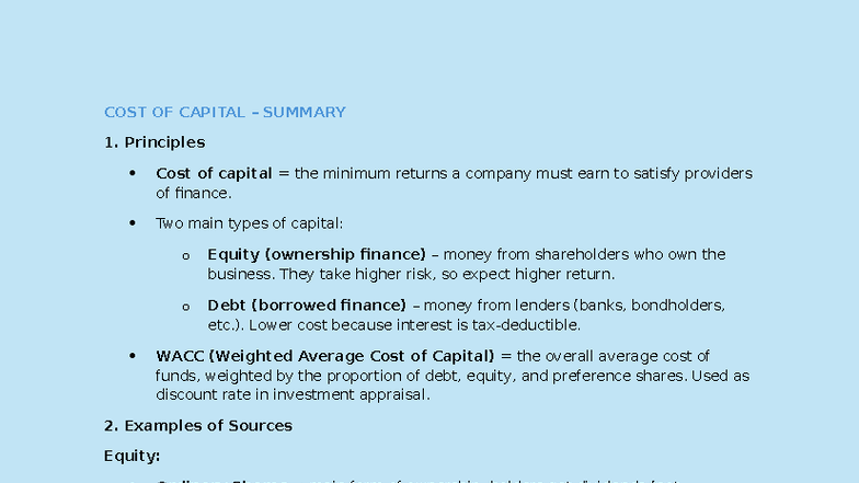 COST OF CAPITAL SUMMARY: Key Principles and Formulas - Studocu