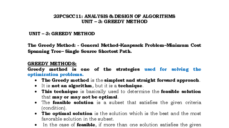 23PCSCC11: Analysis & Design of Algorithms - Unit 3 Greedy Method - Studocu