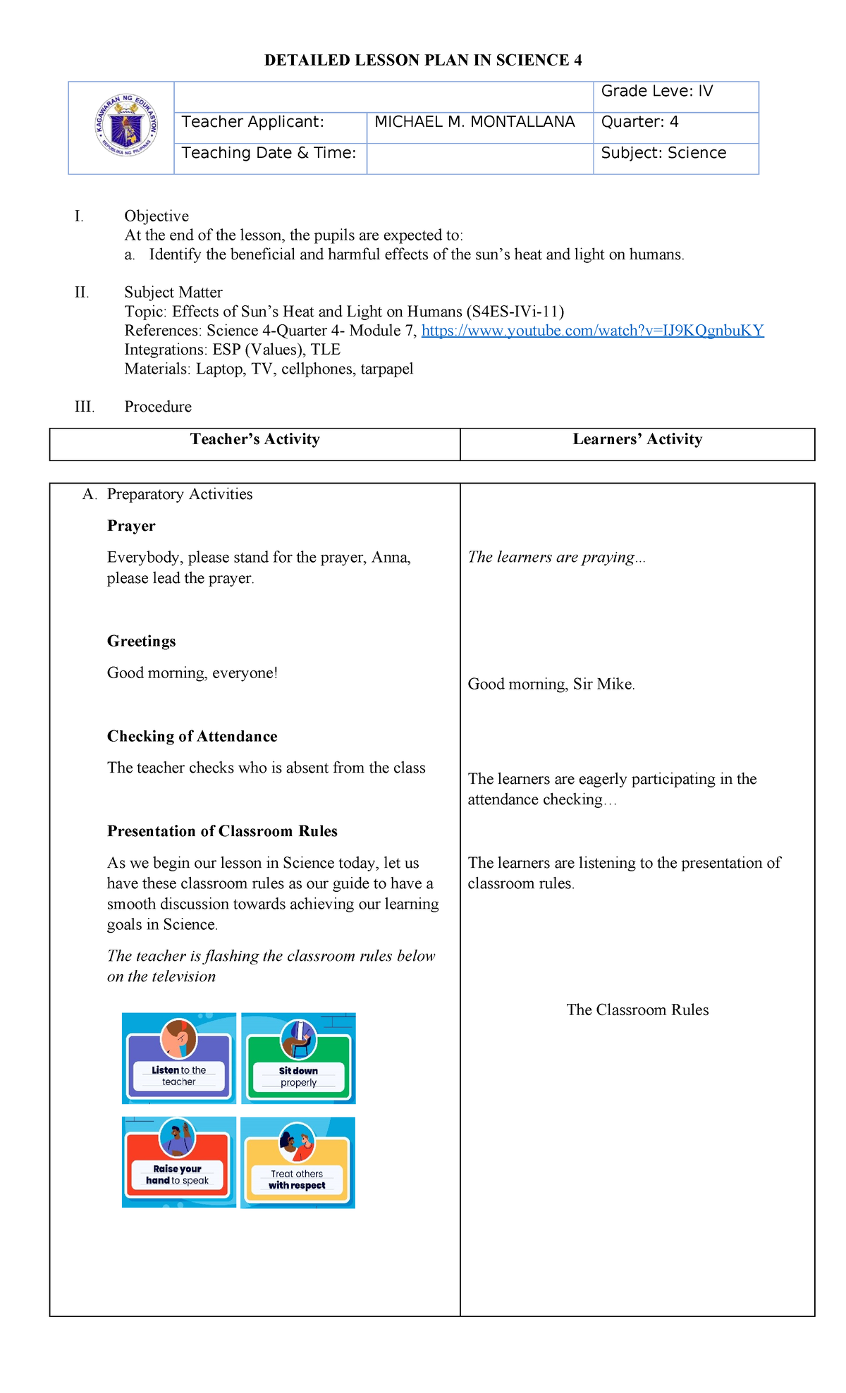 Detailed Lesson Plan: Effects of Heat & Light on Humans (Science 4 ...
