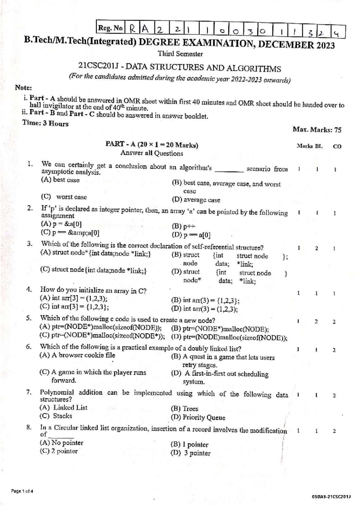 DSA 21CSC201J Final Exam Question Paper - December 2023 - Studocu