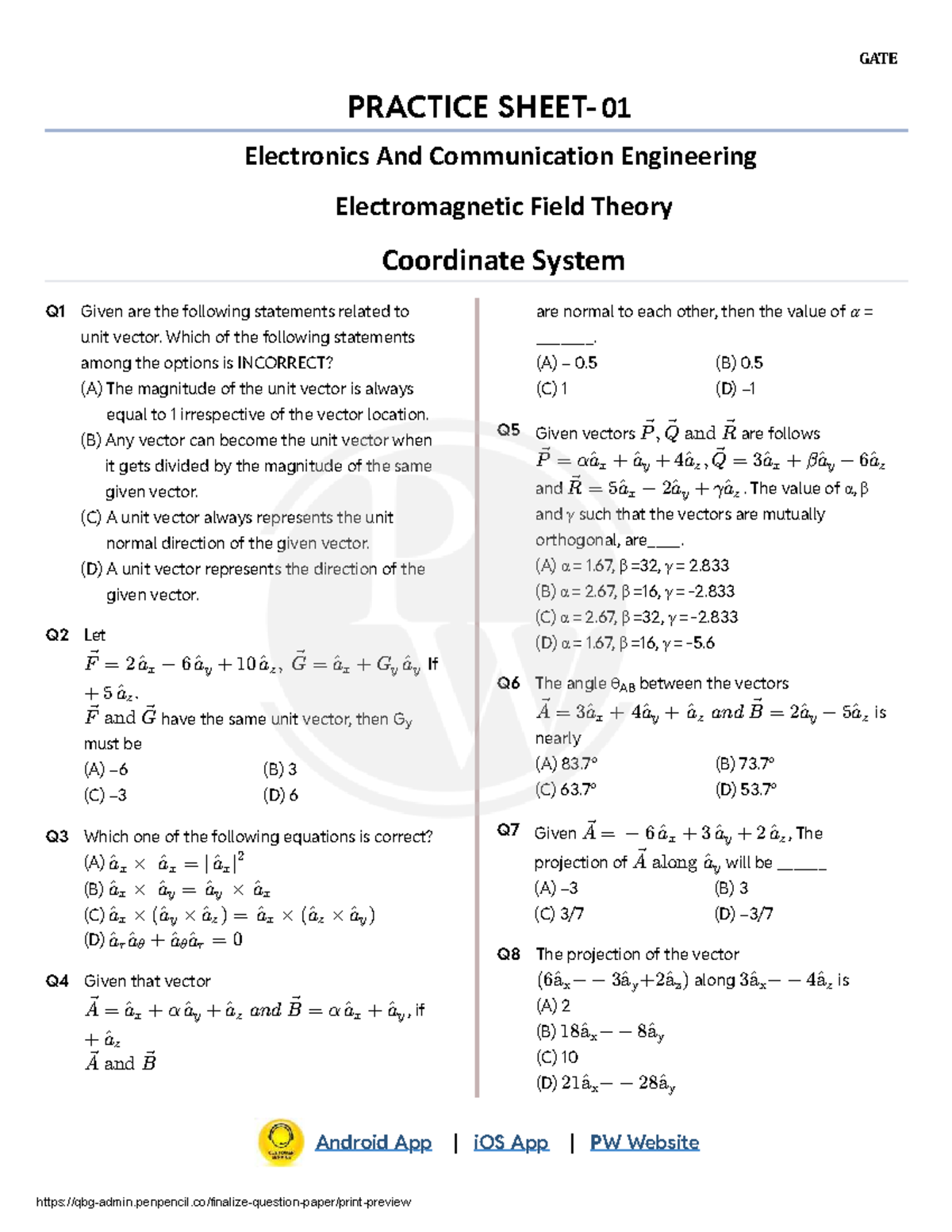 GATE PRACTICE 01: Electromagnetic Field Theory - Coordinate Systems ...