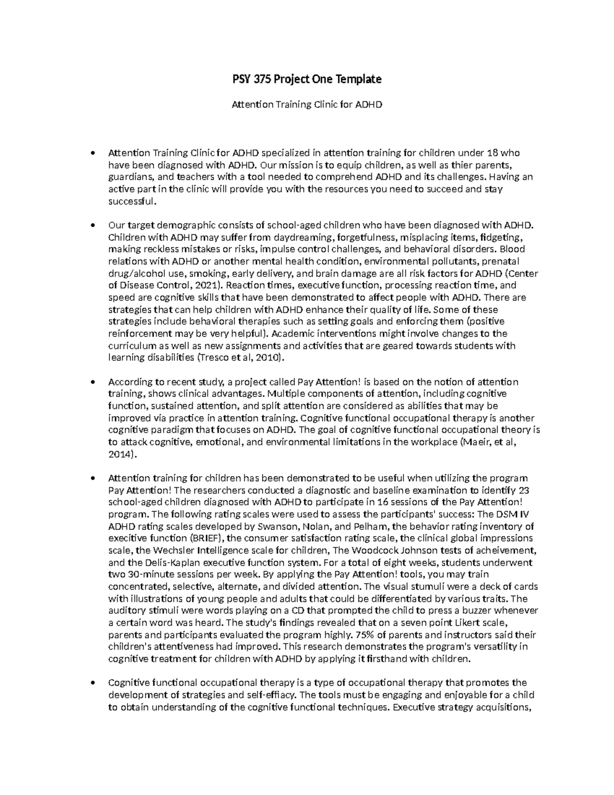 PSY 375 Project One: Attention Training Clinic for ADHD - Studocu