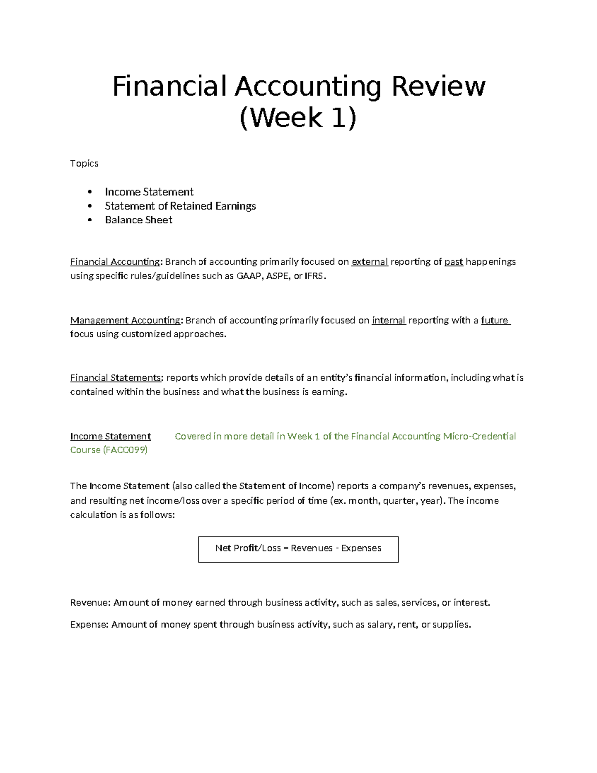 Week 1 Financial Accounting Notes (FACC099) - Studocu