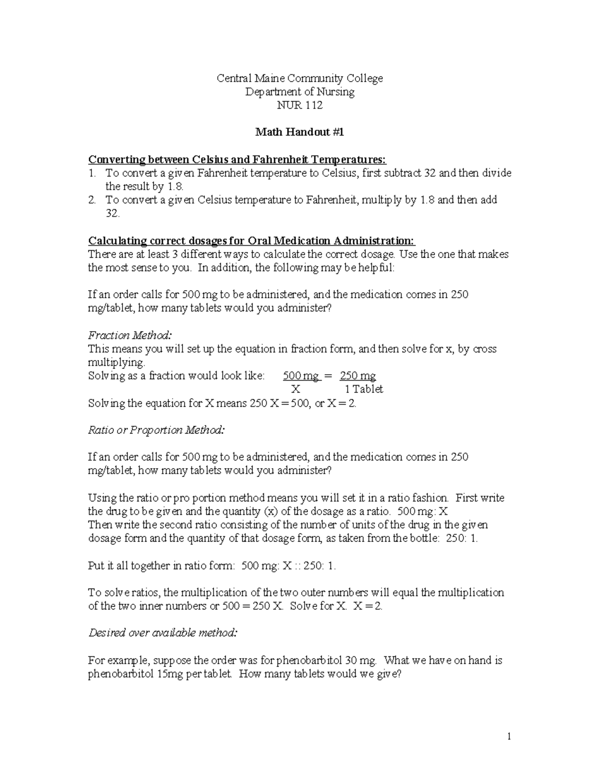 NUR 112 Math Handout: Converting Temperatures & Dosage Calculations ...