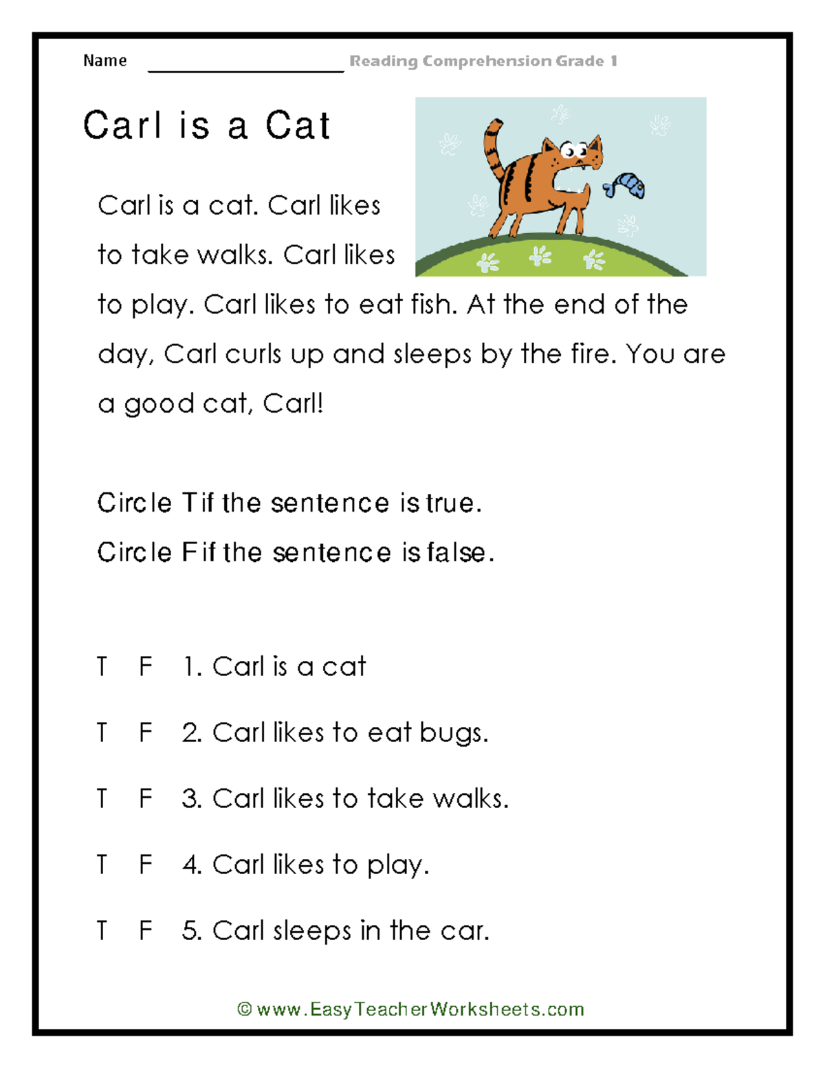 Carl is a cat - worksheet - ME2 - Name Reading Comprehension Grade 1 ...