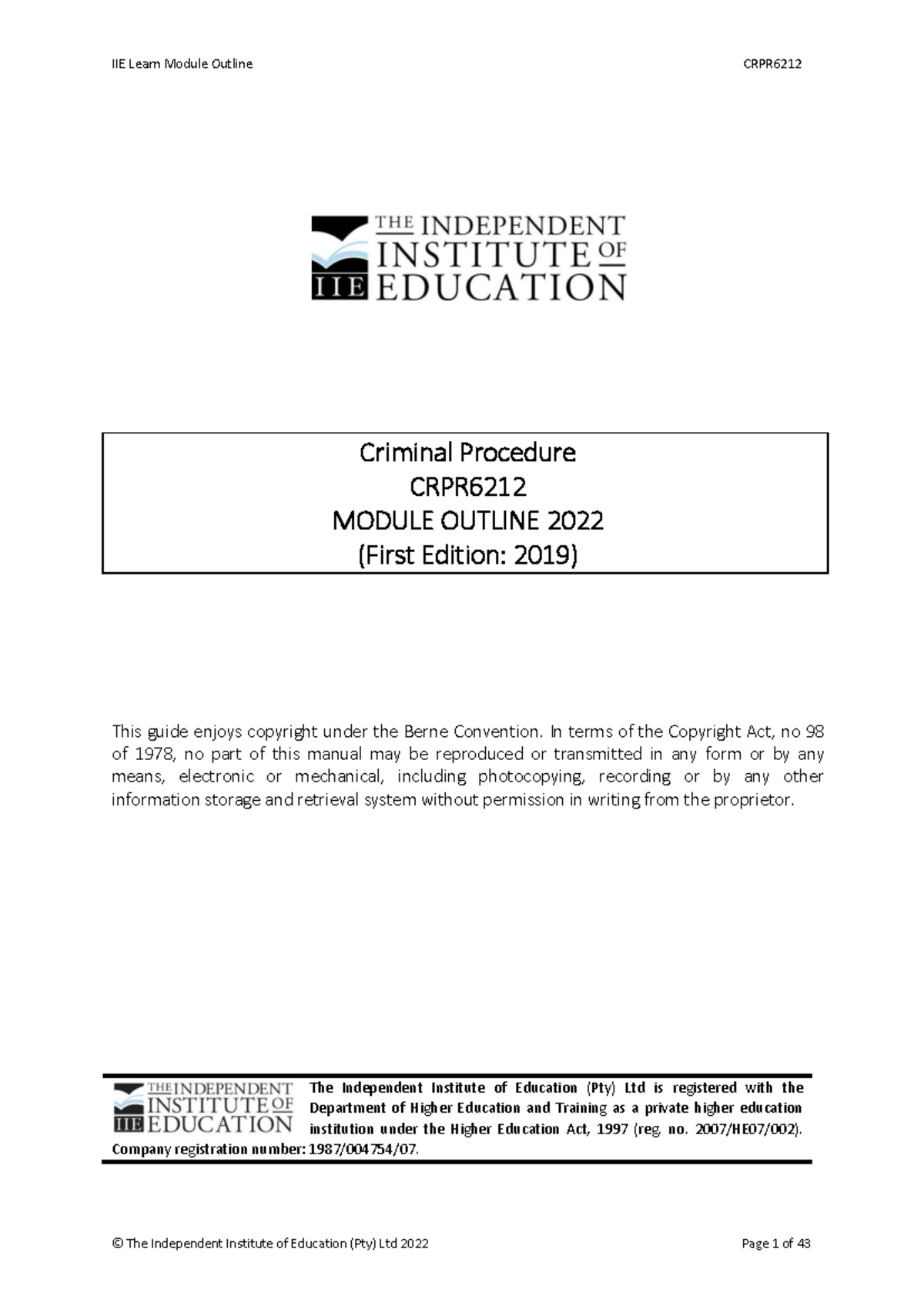 IIE Learn Module Outline: CRPR6212 Criminal Procedure (2022 Edition) - Studocu