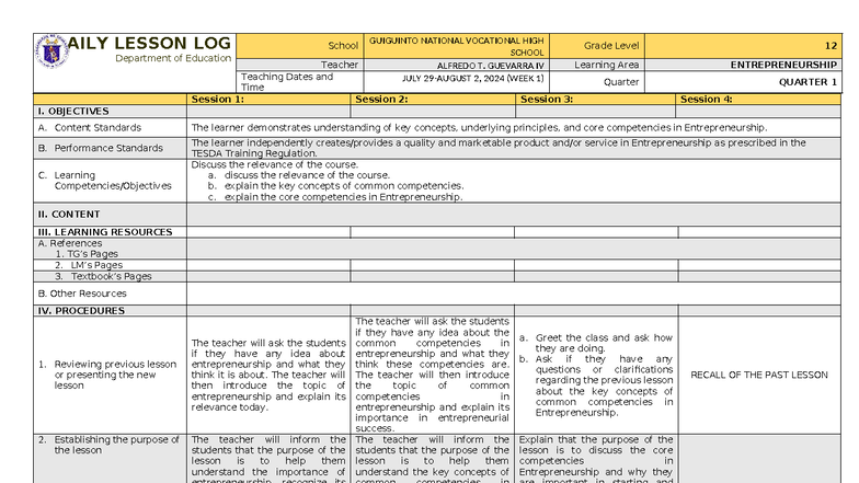 DAILY LESSON LOG: ENTREPRENEURSHIP (Grade 12, Q1) - July 2, 2024 - Studocu