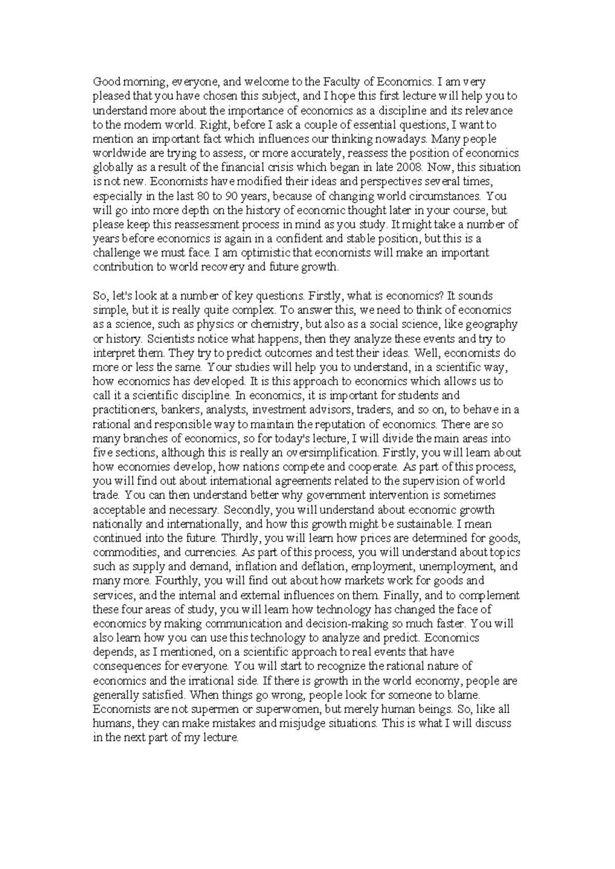 Lecture on Economics: Understanding Its Importance and Relevance - Studocu