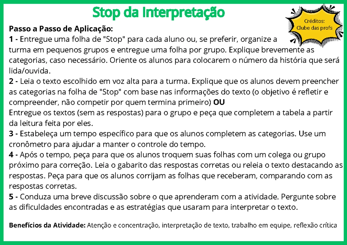 STOP DA Interpretação - Atividade de Língua Portuguesa para Alunos ...