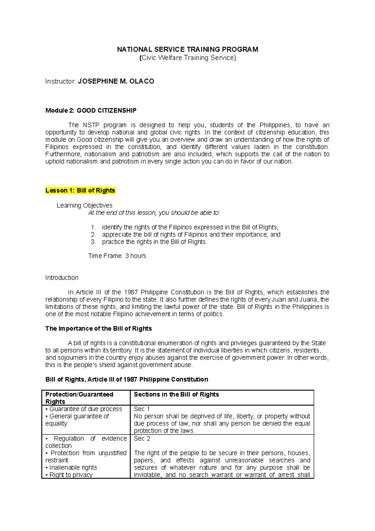 Lesson 1 GOOD CITIZENSHIP - NATIONAL SERVICE TRAINING PROGRAM (Civic ...