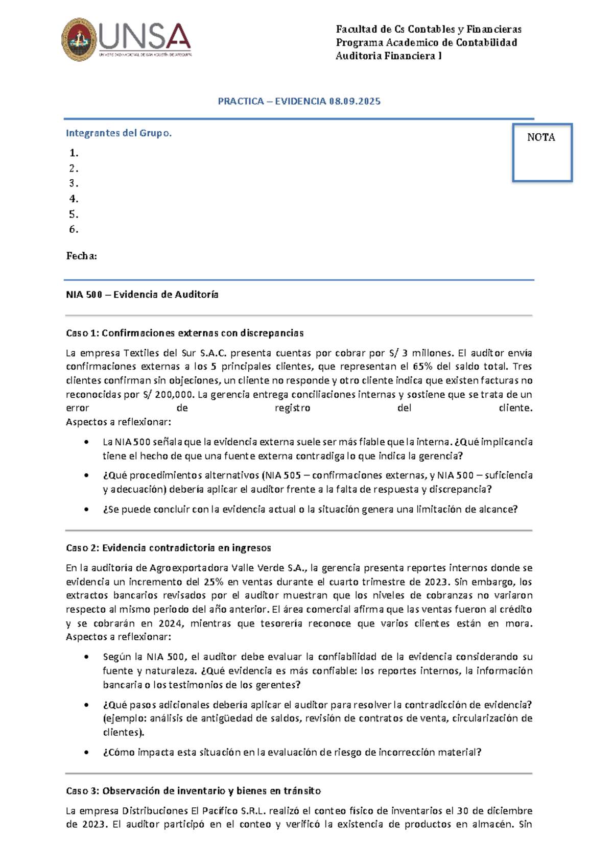 Práctica de Auditoría Financiera I - NIA 500 y NIA 501 Análisis de ...
