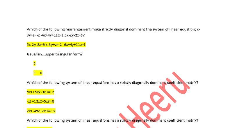 MTH603 Quiz 1 2022: Diagonal Dominance in Linear Systems - Studocu