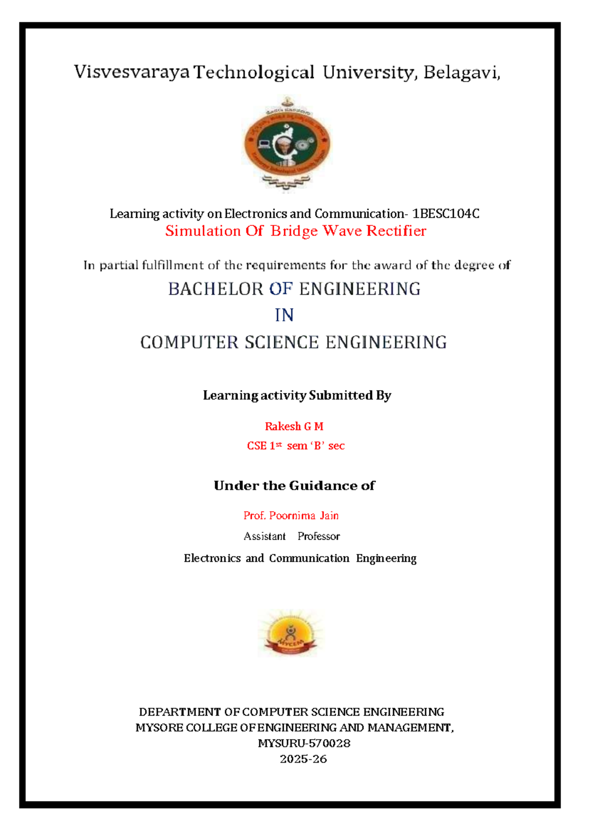 Electronics Simulation of Bridge Wave Rectifier - 1BESC104C - Studocu