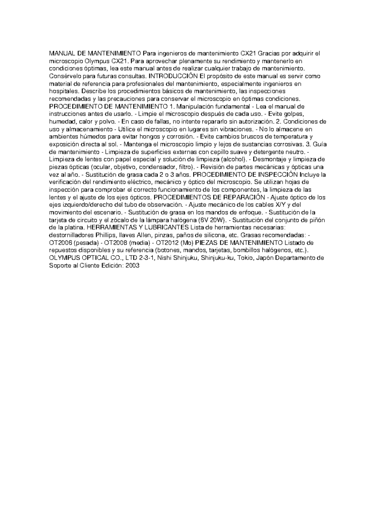 Manual de Mantenimiento del Microscopio Olympus CX21 ES - Studocu