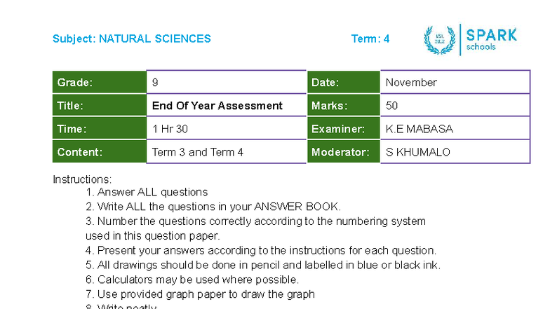 NS Gr 9 Natural Sciences End of Year Exam - Nov 2025 - Studocu