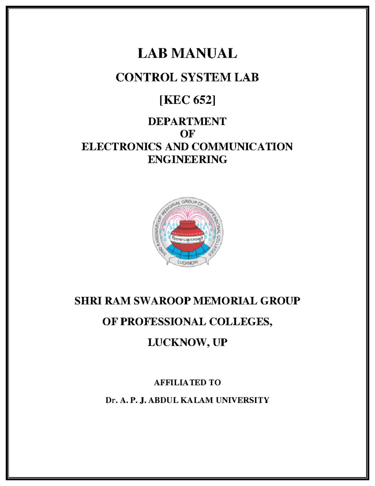 KEC-652 Control System LAB manual - LAB MANUAL CONTROL SYSTEM LAB [KEC 652] DEPARTMENT OF - Studocu