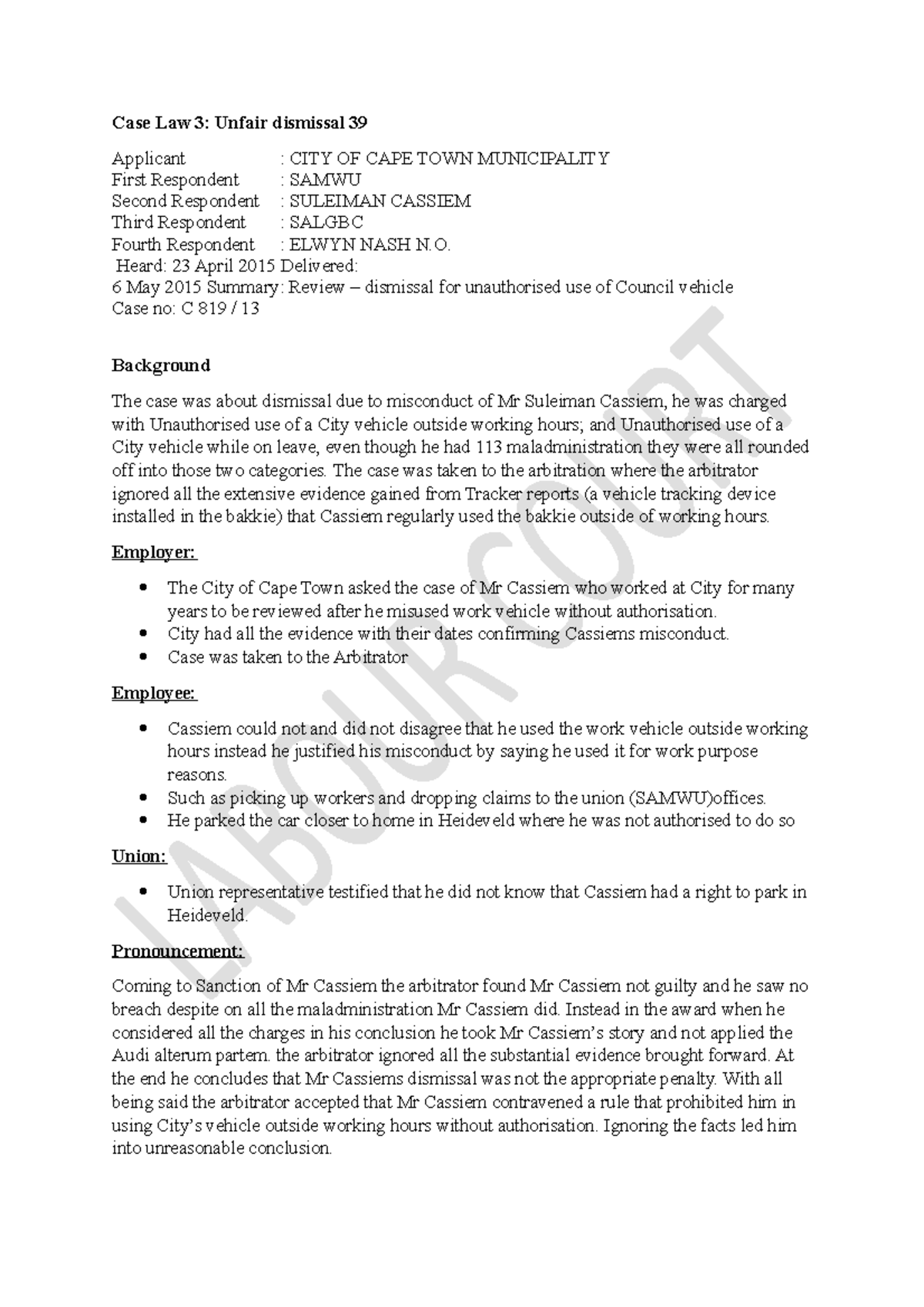 Case Law 3 Summary - Unfair Dismissal: Vehicle Misuse Appeal - Studocu