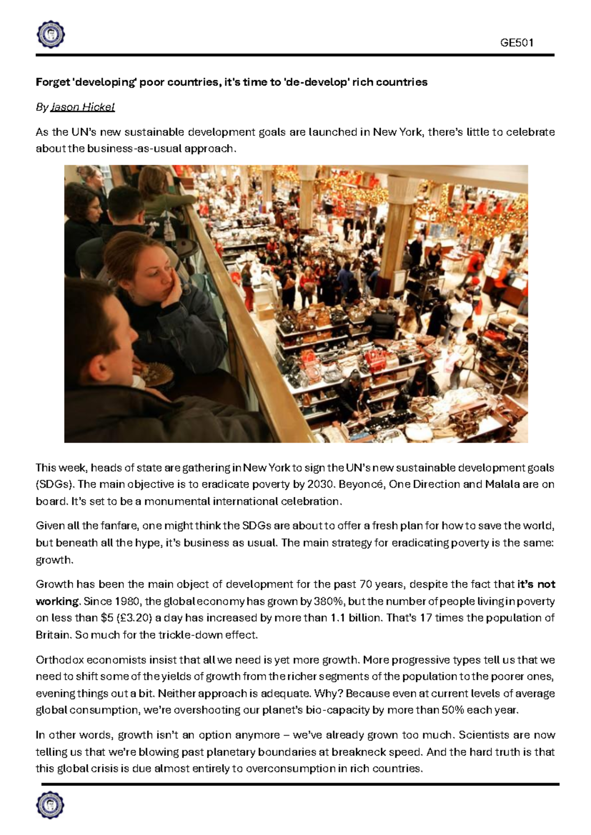 GE501 Sustainable Development Goals: Rethinking Growth and Consumption ...