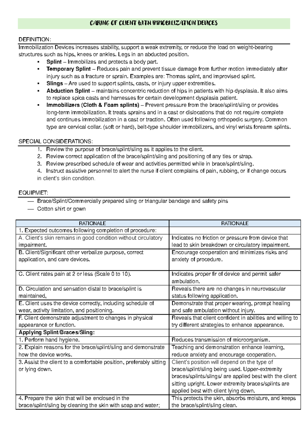 Caring OF Client WITH Immobilization Devices GRD - CARING OF CLIENT ...