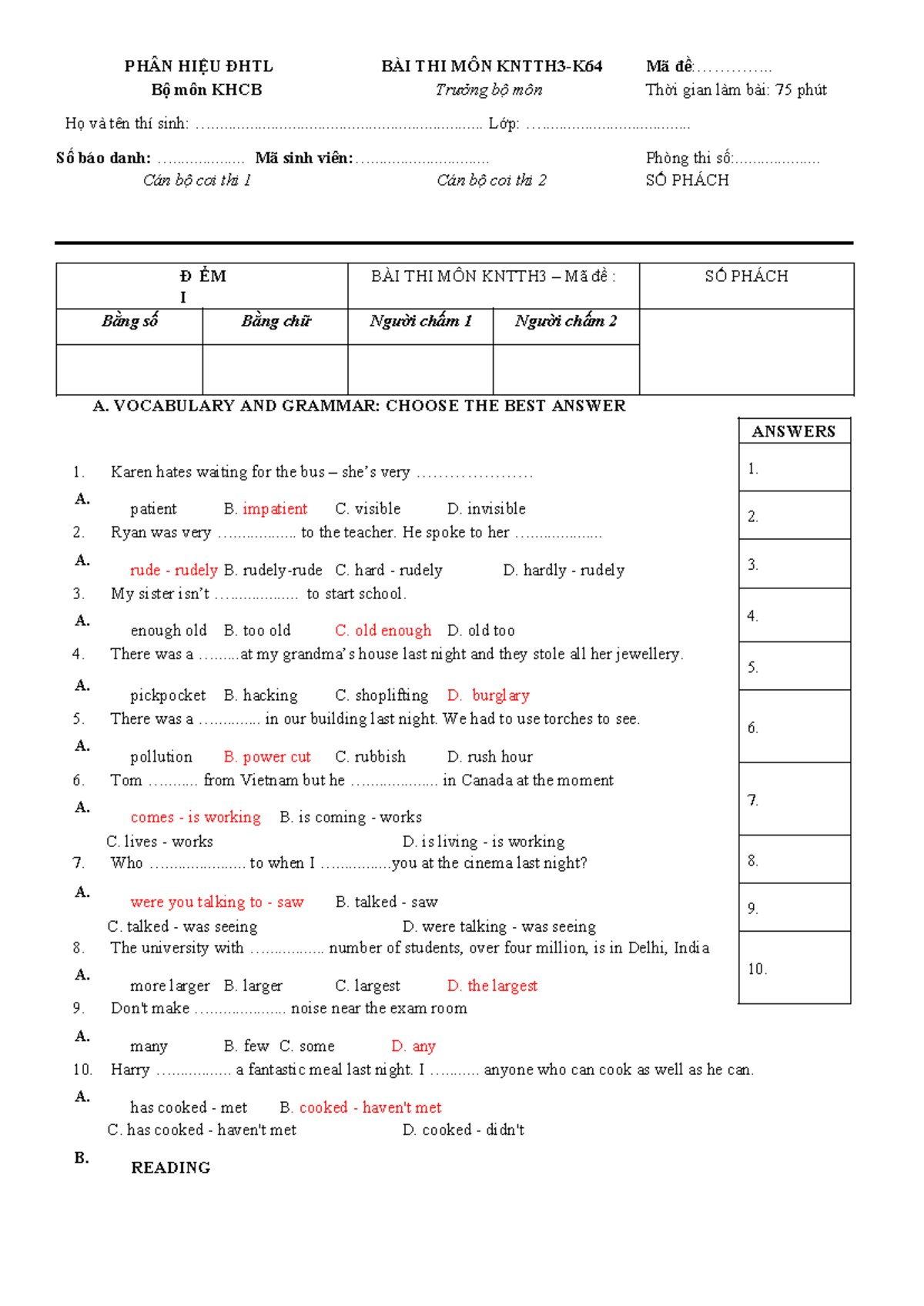 Sample Final Test KNTTH3 - Vocabulary & Grammar Practice - Studocu