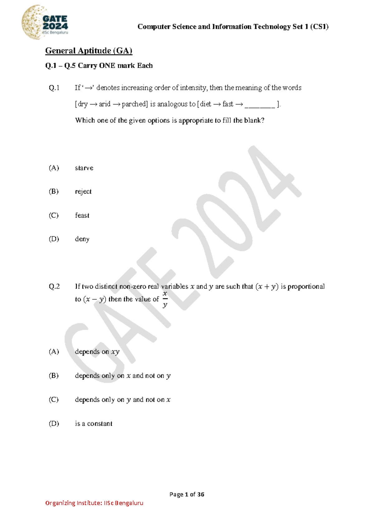 GATE 2024 - SET 1 - GATE QUESTION PAPERS - Page 1 of 36 General ...