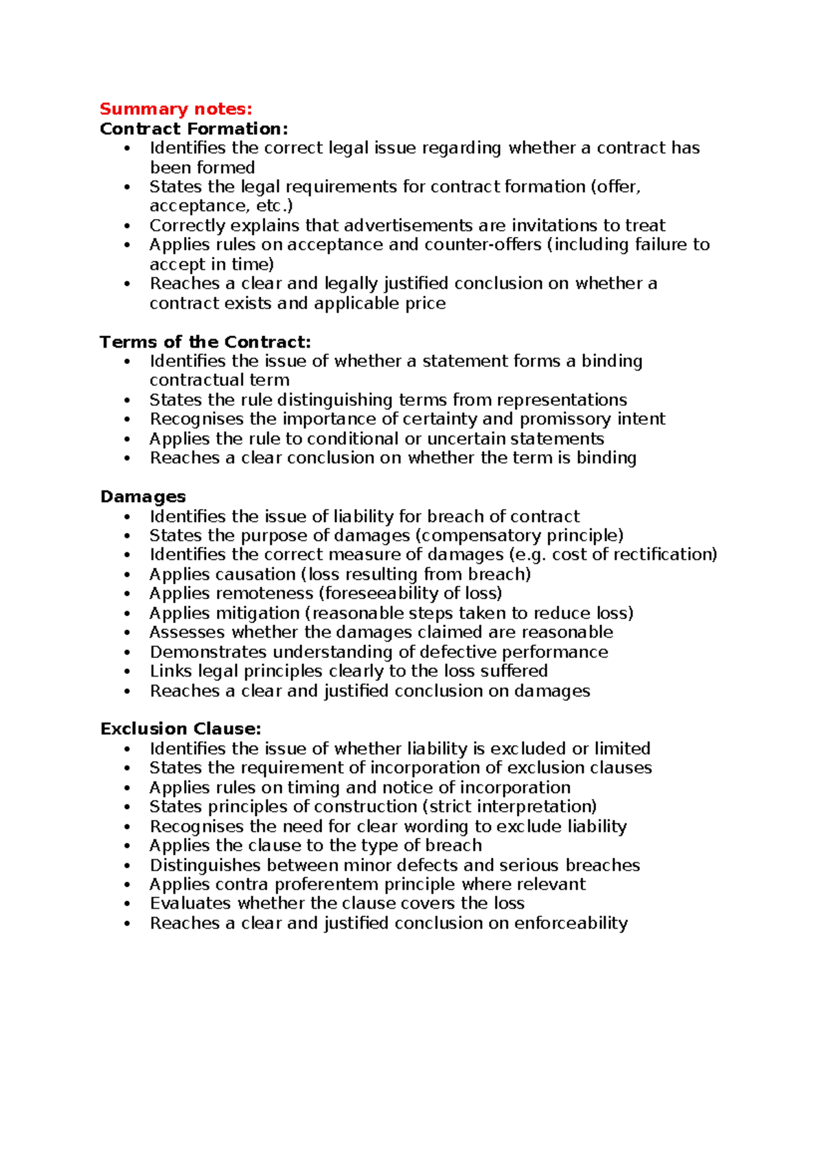 Contract Law Summary Notes: Formation, Terms, Damages & Exclusion ...