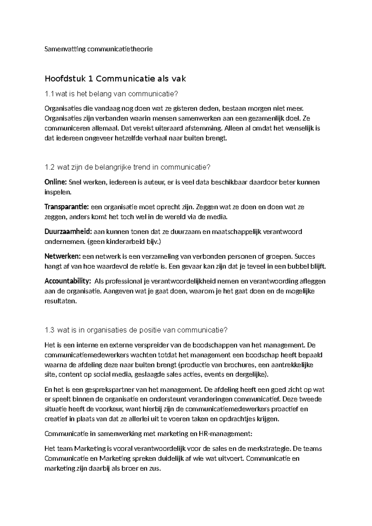 Samenvatting Communicatietheorie, Hoofdstukken 1-5, Cursuscode: COM101 ...