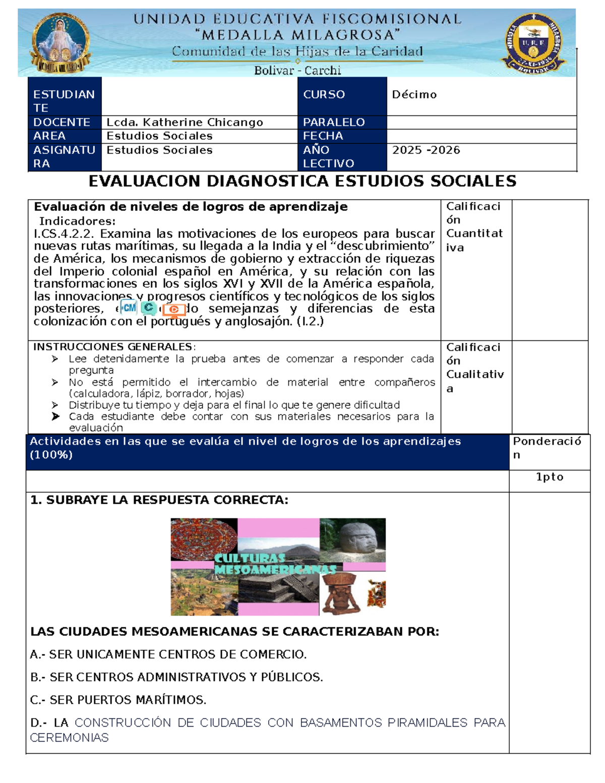 Evaluación Diagnóstica de Estudios Sociales 10° - Lcda. Katherine Chicango - Studocu